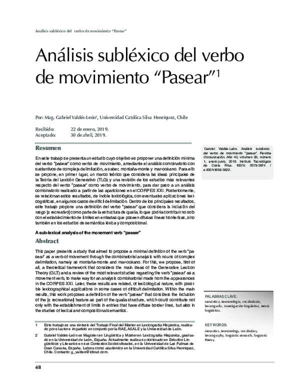 (PDF) Análisis subléxico del verbo de movimiento "Pasear