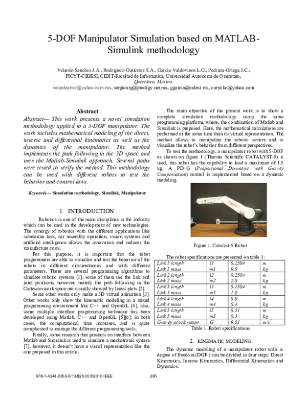 Pdf 5 Dof Manipulator Simulation Based On Matlab Simulink Methodology