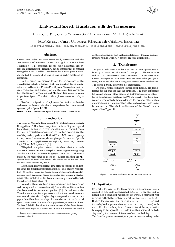 (PDF) End-to-End Speech Translation with the Transformer
