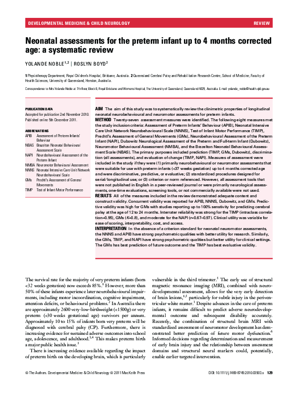 (PDF) Neonatal assessments for the preterm infant up to 4 months ...