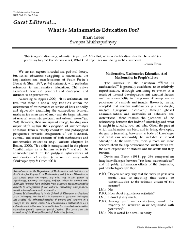 (PDF) Guest Editorial… What is Mathematics Education For?