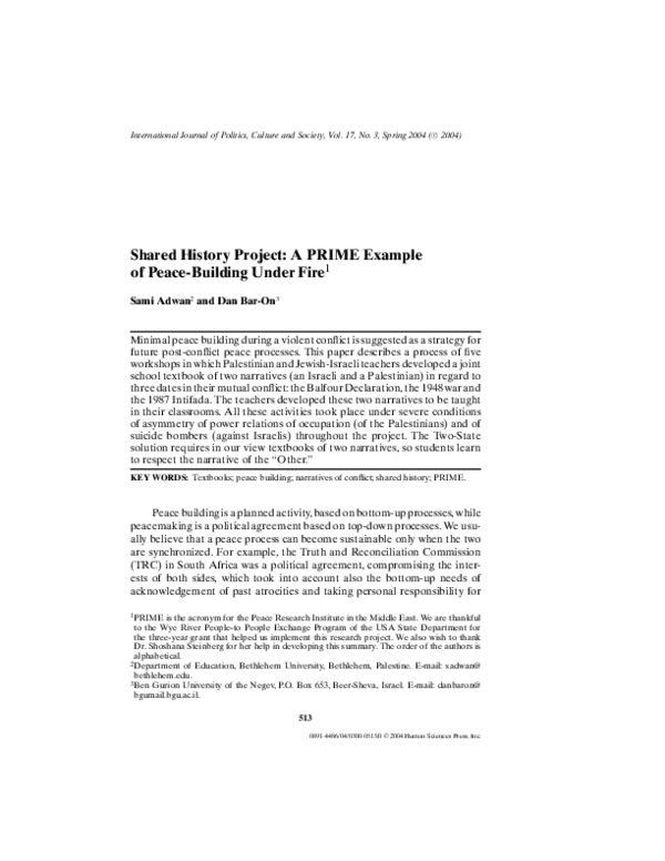 (PDF) Shared History Project: A PRIME Example of Peace-Building Under Fire