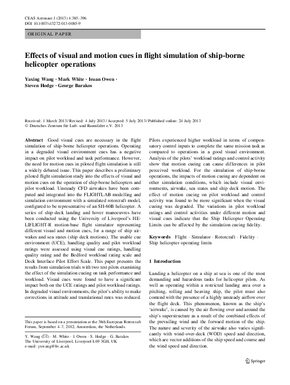 (PDF) Effects of visual and motion cues in flight simulation of ship ...