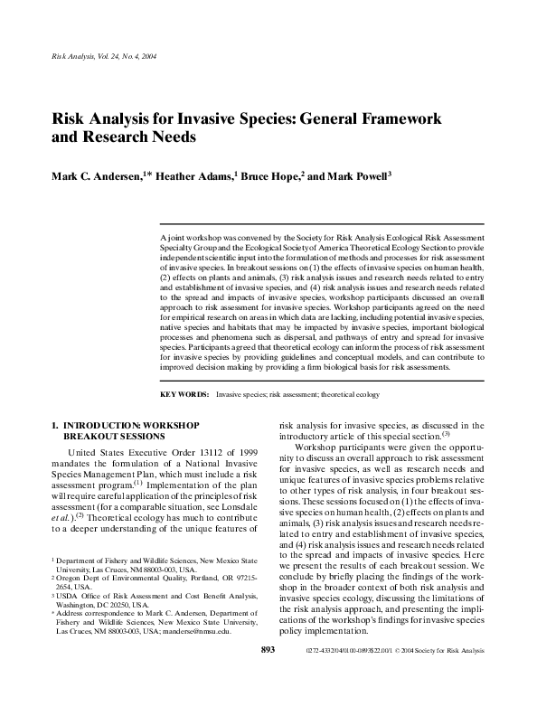 (PDF) Risk analysis for invasive species: general framework and ...