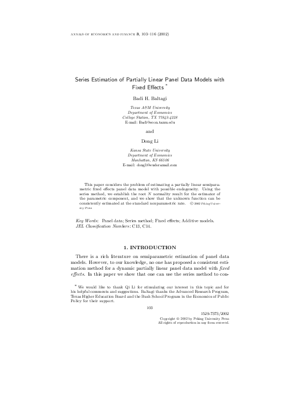 Pdf Series Estimation Of Partially Linear Panel Data Models With Fixed Effects