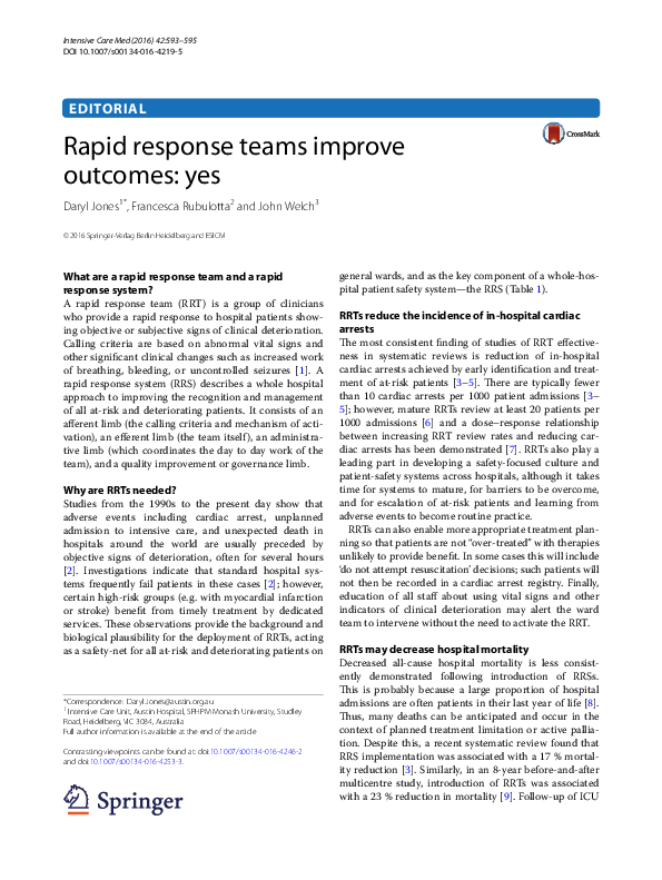 (PDF) Rapid response teams improve outcomes: yes