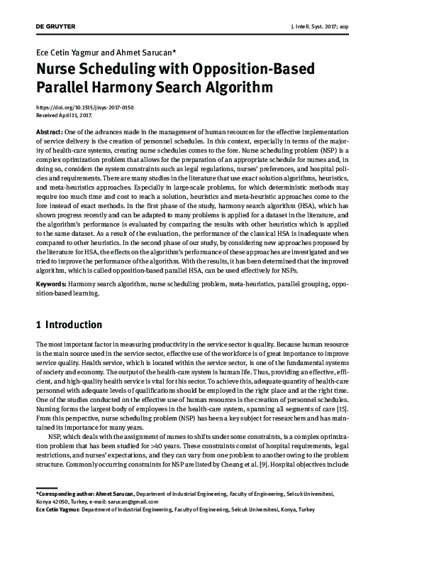 (PDF) Nurse Scheduling with Opposition-Based Parallel Harmony Search Algorithm
