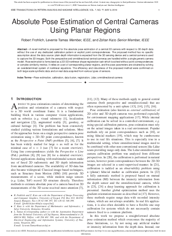 (PDF) Absolute Pose Estimation of Central Cameras Using Planar Regions ...