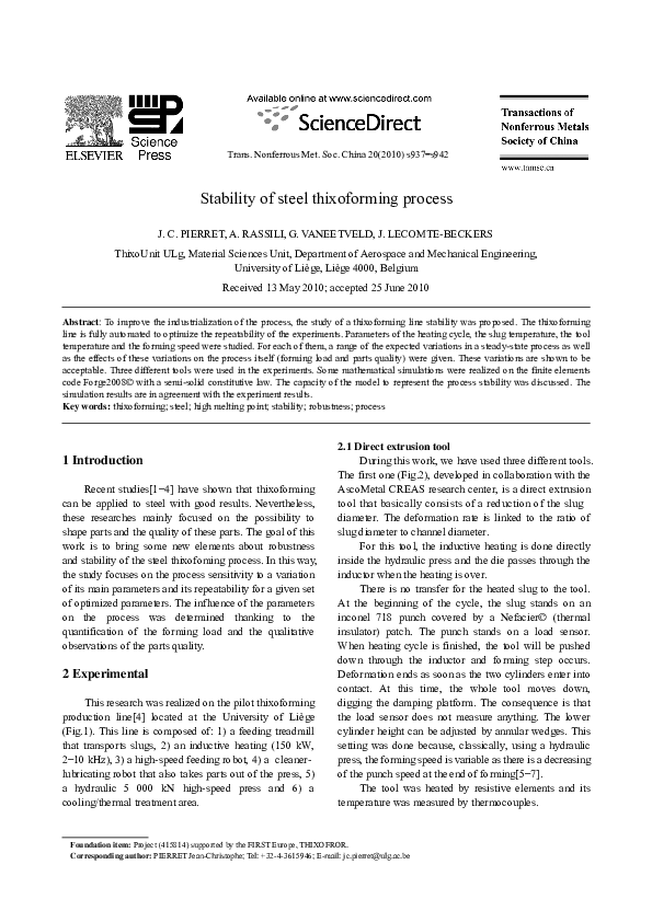 (PDF) Stability of steel thixoforming process