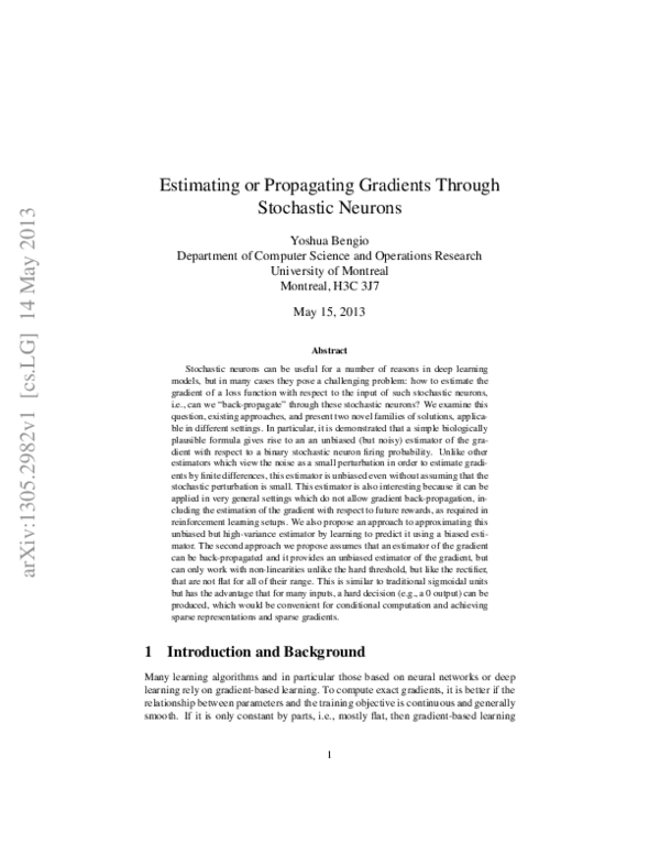 (PDF) Estimating or propagating gradients through stochastic neurons for conditional computation