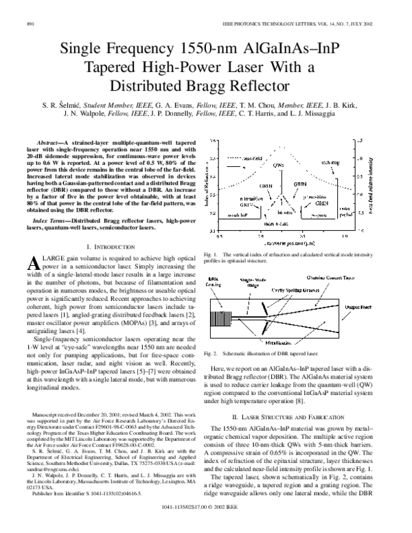 (PDF) Single frequency 1550-nm AlGaInAs-InP tapered high-power laser with a distributed Bragg ...