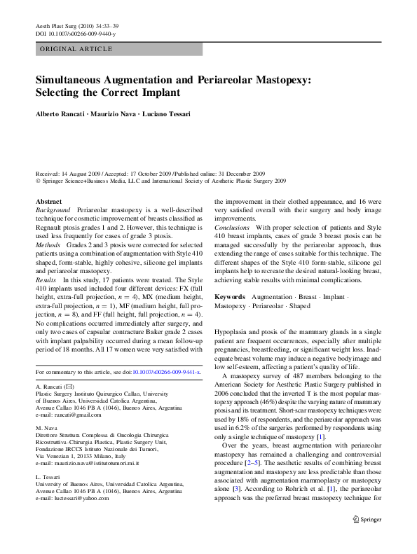 (PDF) Simultaneous Augmentation and Periareolar Mastopexy: Selecting ...