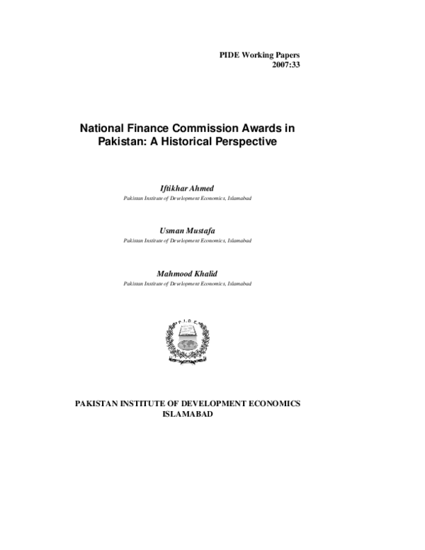 (PDF) National Finance Commission Awards In Pakistan: A Historical ...