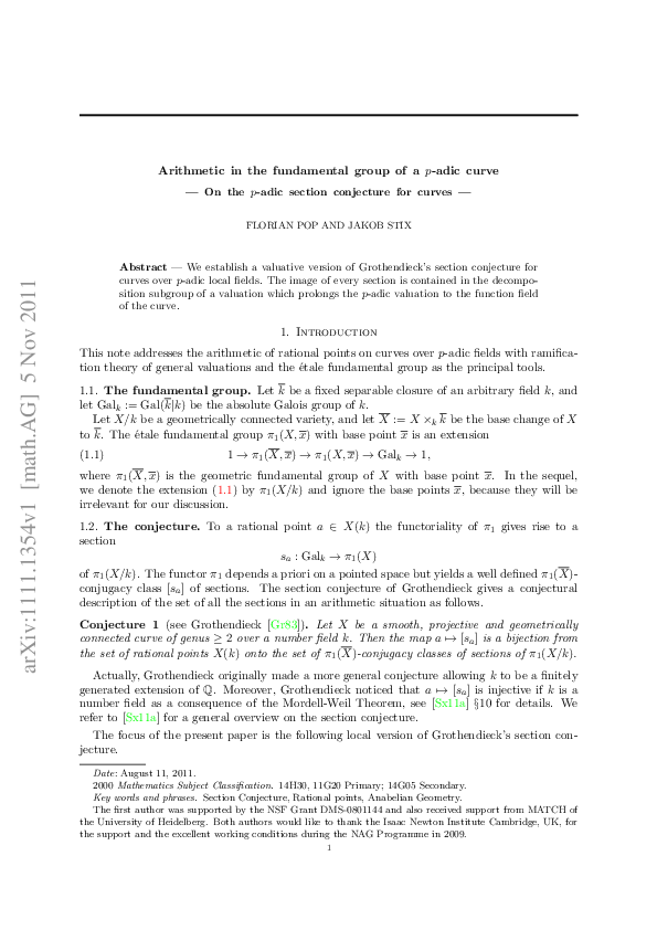 (PDF) Arithmetic in the fundamental group of a p-adic curve. On the p-adic section conjecture ...
