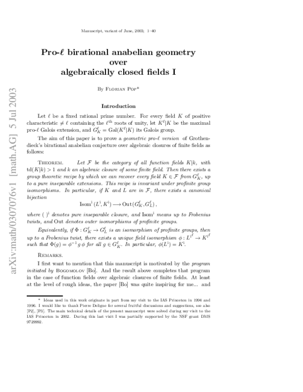 (PDF) Pro-l birational anabelian geometry over algebraically closed ...