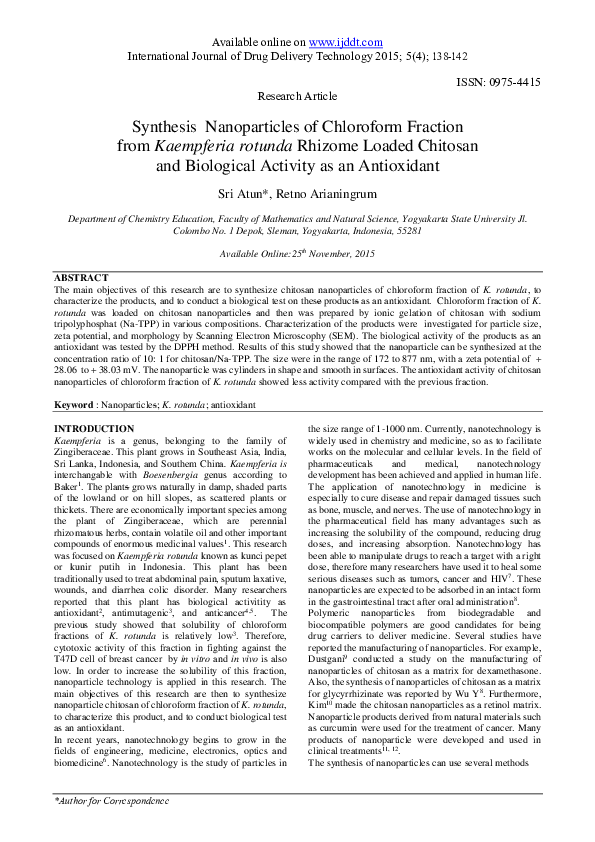 (PDF) Synthesis Nanoparticles of Chloroform Fraction from Kaempferia ...