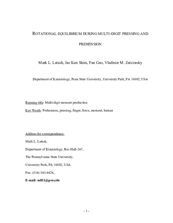 (PDF) Rotational equilibrium during multi-digit pressing and prehension
