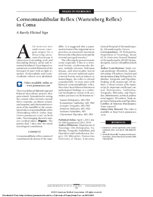 (PDF) Corneomandibular Reflex (Wartenberg Reflex) in Coma A Rarely ...