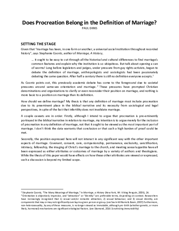 (PDF) Does Procreation Belong in the Definition of Marriage?