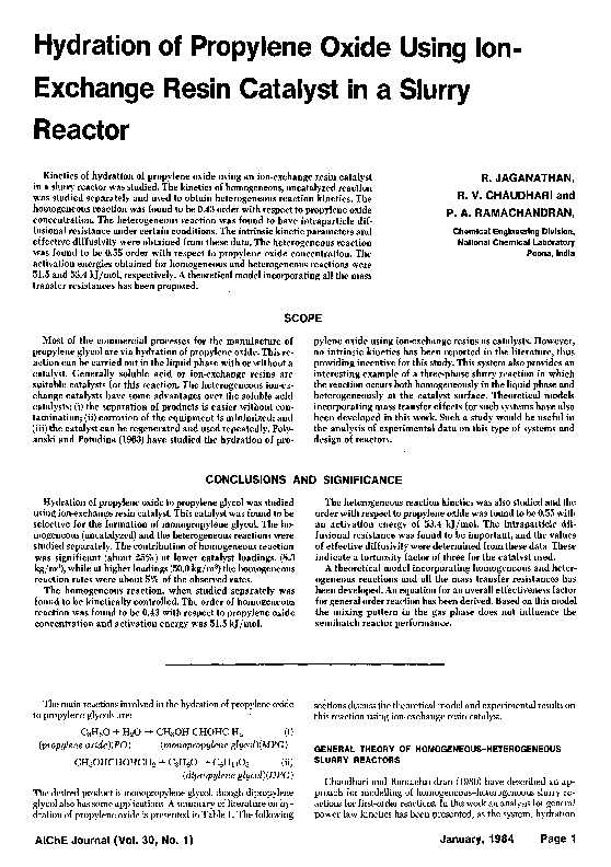(PDF) Hydration of propylene oxide using ion-exchange resin catalyst in ...