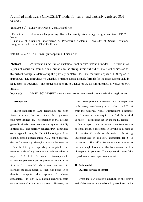 (PDF) A unified analytical SOI MOSFET model for fully-and partially ...