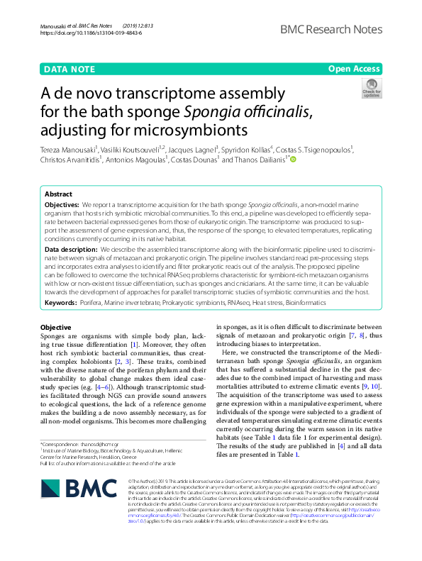 (PDF) A de novo transcriptome assembly for the bath sponge Spongia ...