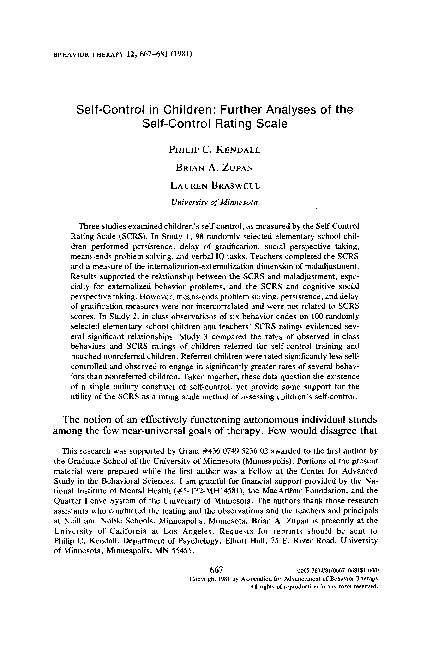 (PDF) Self-control in children: Further analyses of the Self-Control Rating Scale
