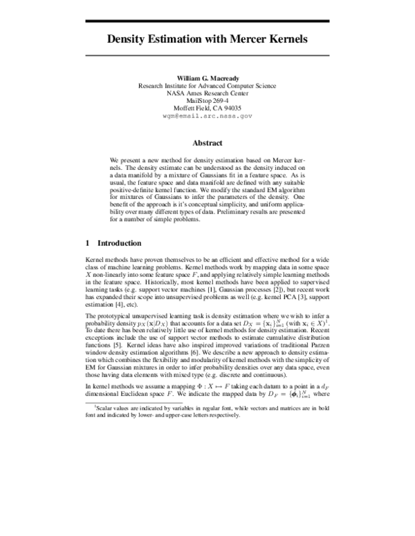 (PDF) Density estimation with mercer kernels