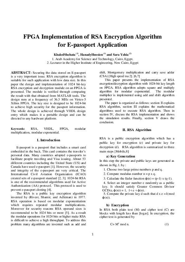 (PDF) FPGA Implementation of RSA Encryption Algorithm for E-Passport ...