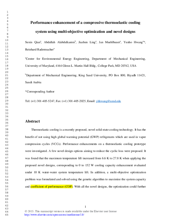 (PDF) Performance enhancement of a compressive thermoelastic cooling system using multi ...