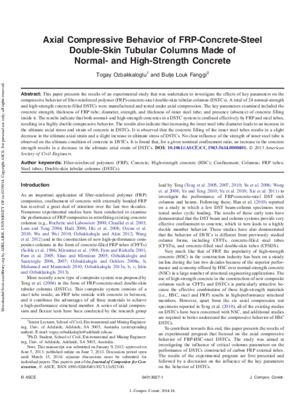 (PDF) Axial Compressive Behavior of FRP-Concrete-Steel Double-Skin Tubular Columns Made of ...