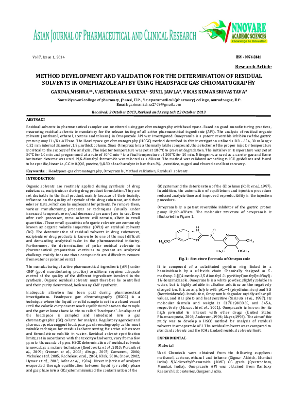 (PDF) Method Development and Validation for the Determination of Residual Solvents in Omeprazole ...