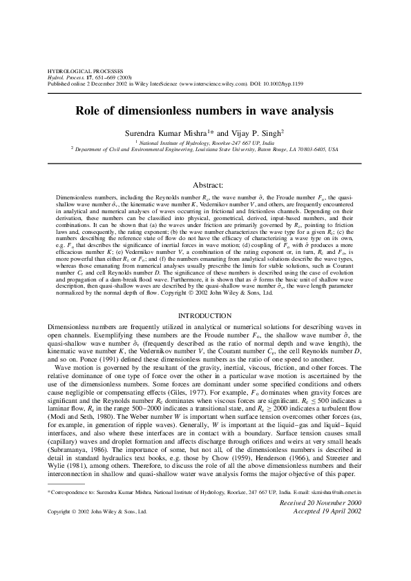 (PDF) Role of dimensionless numbers in wave analysis