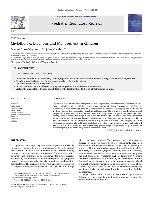 (PDF) Chylothorax: Diagnosis and Management in Children