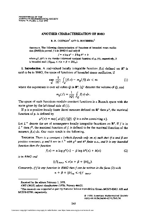 Pdf Another Characterization Of Bmo Ronald Coifman