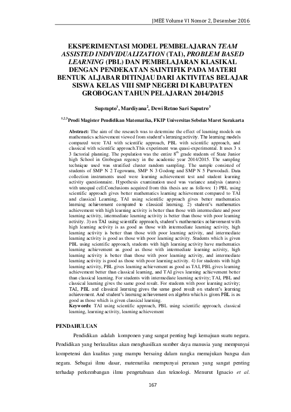 (PDF) Eksperimentasi Model Pembelajaran Team Assisted Individualization (Tai), Problem Based ...