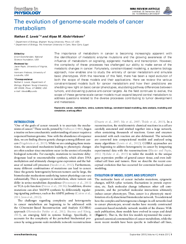 (PDF) The evolution of genome-scale models of cancer metabolism ...