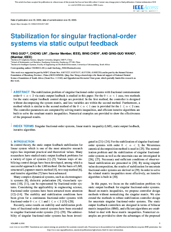 (PDF) Stabilization for singular fractional-order systems via static output feedback