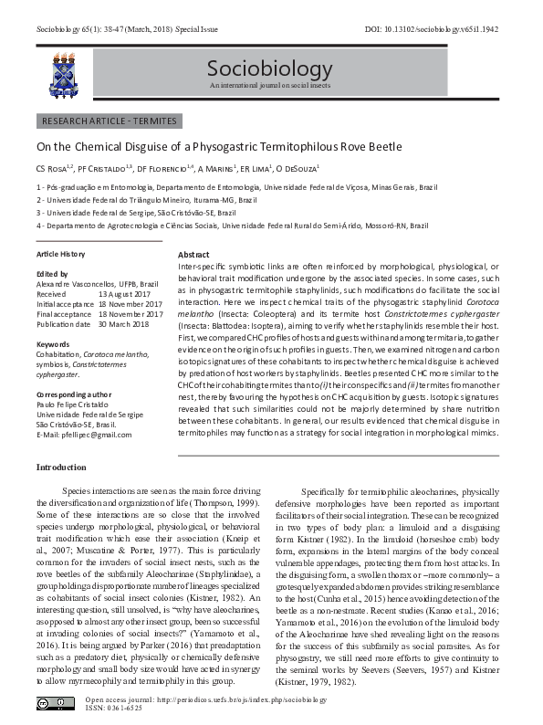 (PDF) On the Chemical Disguise of a Physogastric Termitophilous Rove Beetle
