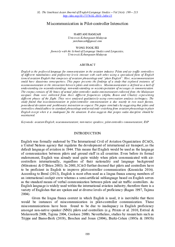 (PDF) Miscommunication in Pilot-controller Interaction