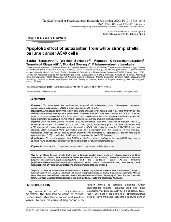 (PDF) Apoptotic effect of astaxanthin from white shrimp shells on lung ...