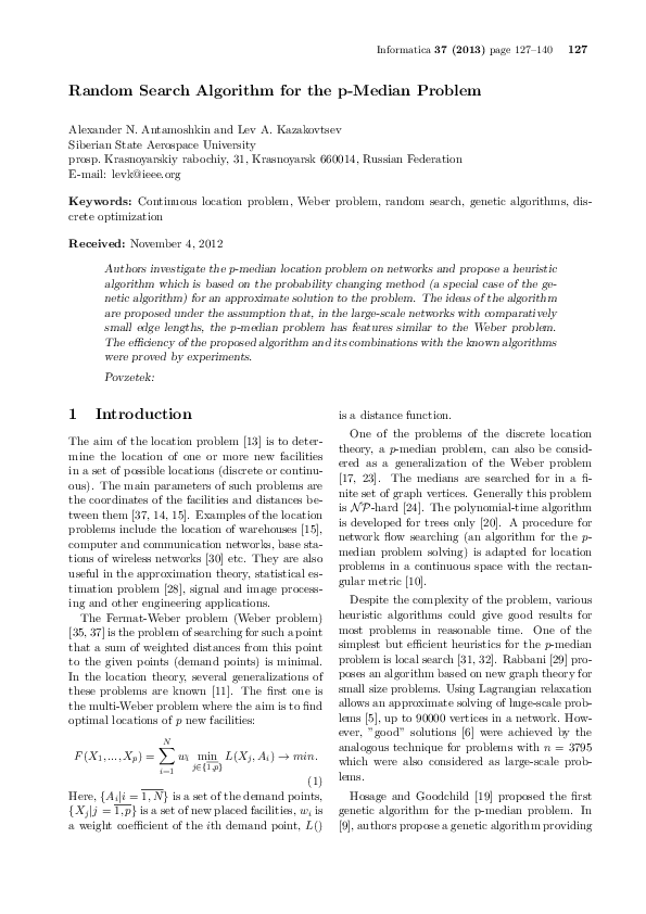 Random Search Algorithm For The P Median Problem 