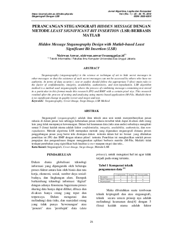Pdf Perancangan Steganografi Hidden Message Dengan Metode Least Significant Bit Insertion Lsb 