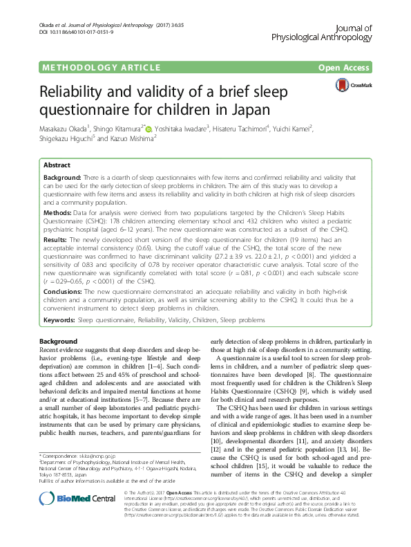 (PDF) Reliability and validity of a brief sleep questionnaire for ...