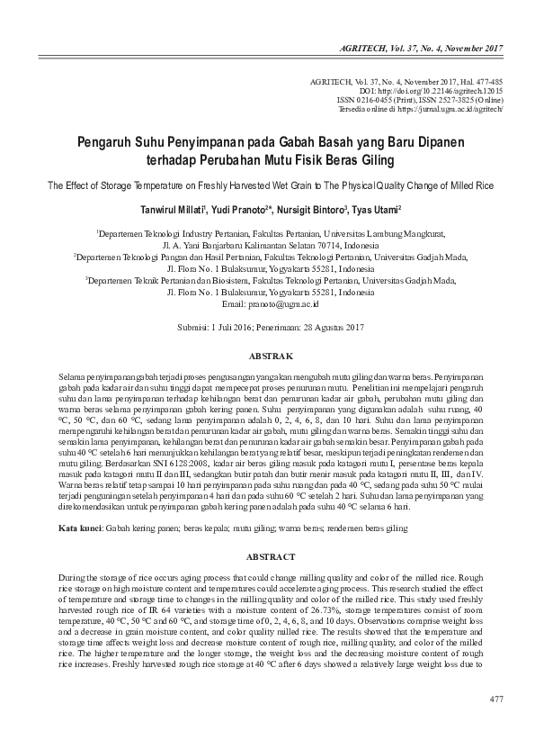 (PDF) Pengaruh Suhu Penyimpanan pada Gabah Basah yang Baru Dipanen ...