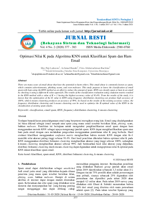 Pdf Optimization Of K Value In Knn Algorithm For Spam And Ham Email Classification