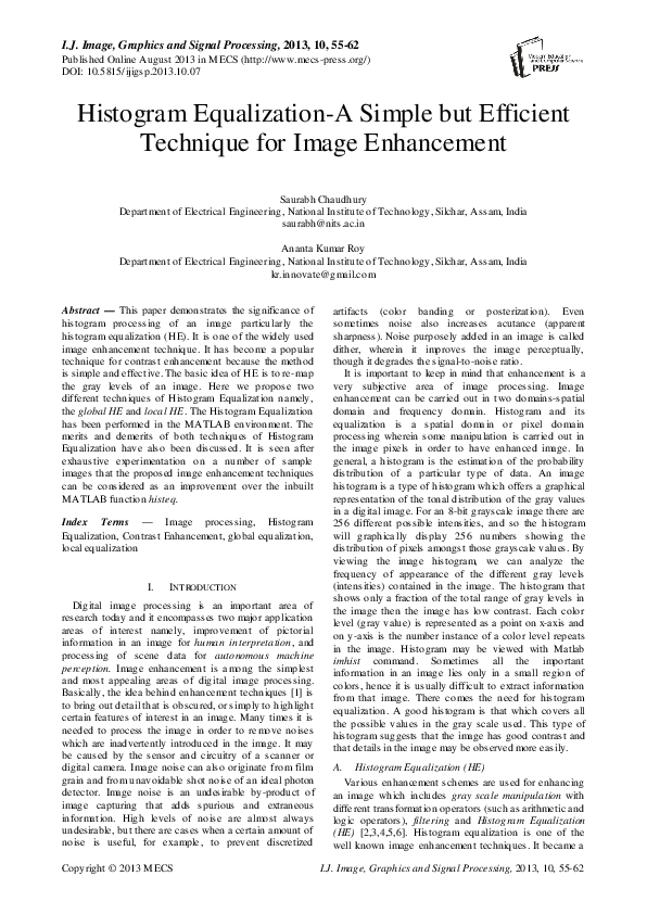 (PDF) Histogram Equalization-A Simple but Efficient Technique for Image Enhancement