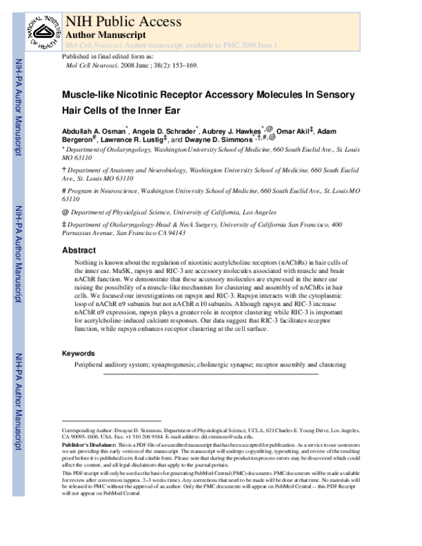 (PDF) Accessory Molecules Enhance nAChR Function in Hair Cells