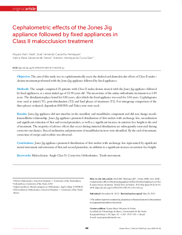 (PDF) Cephalometric effects of the Jones Jig appliance followed by ...
