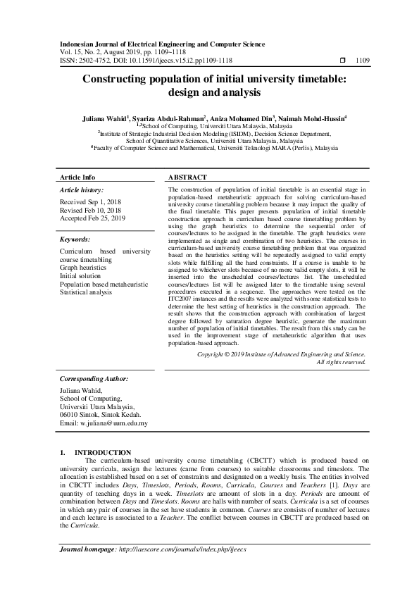Pdf Constructing Population Of Initial University Timetable Design And Analysis